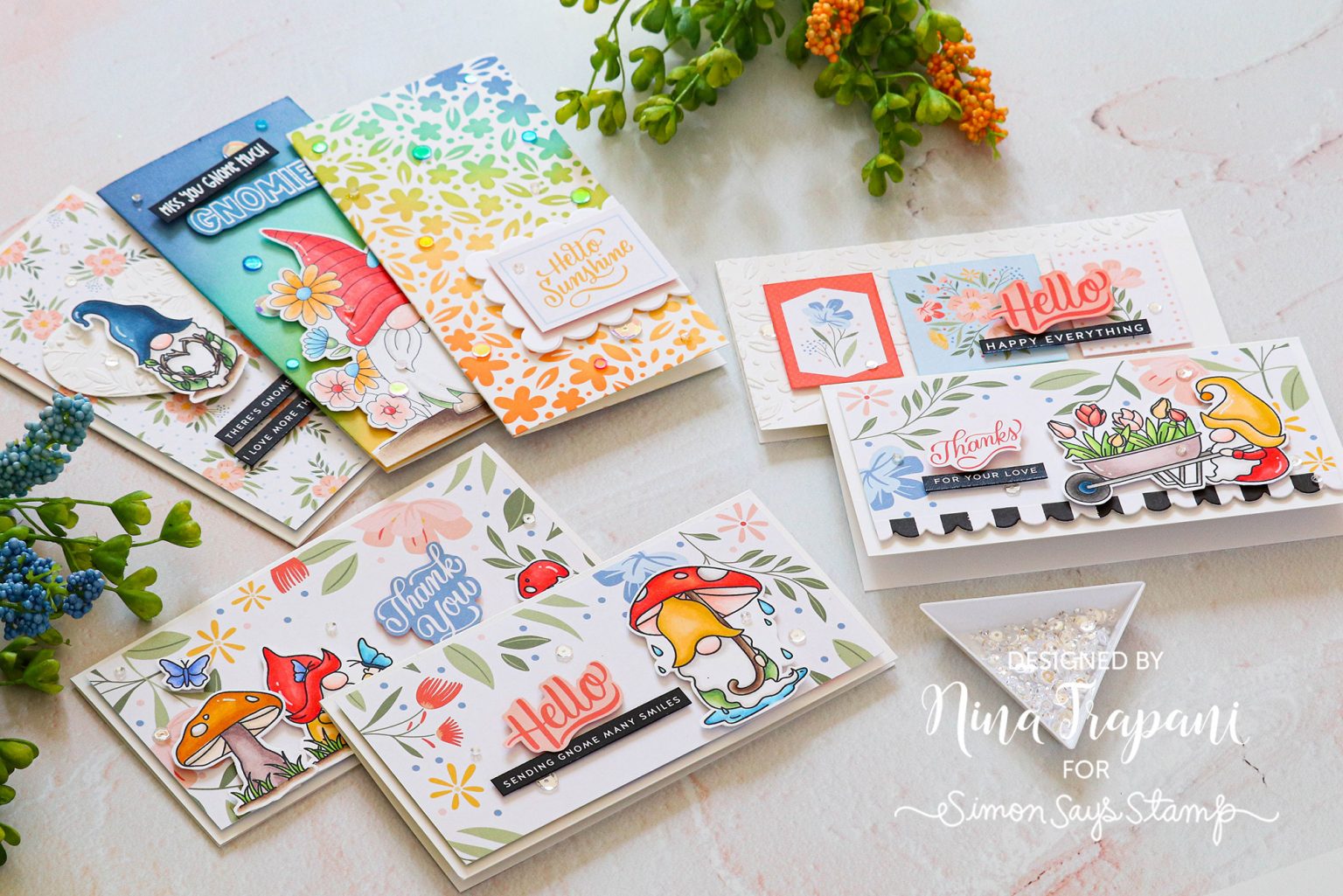 7 Mini Slimline Cards with Simon's Spring Gnome Kit - Nina-Marie Design